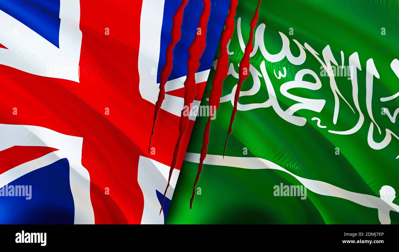 United Kingdom and Saudi Arabia flags with scar concept. Waving flag,3D ...