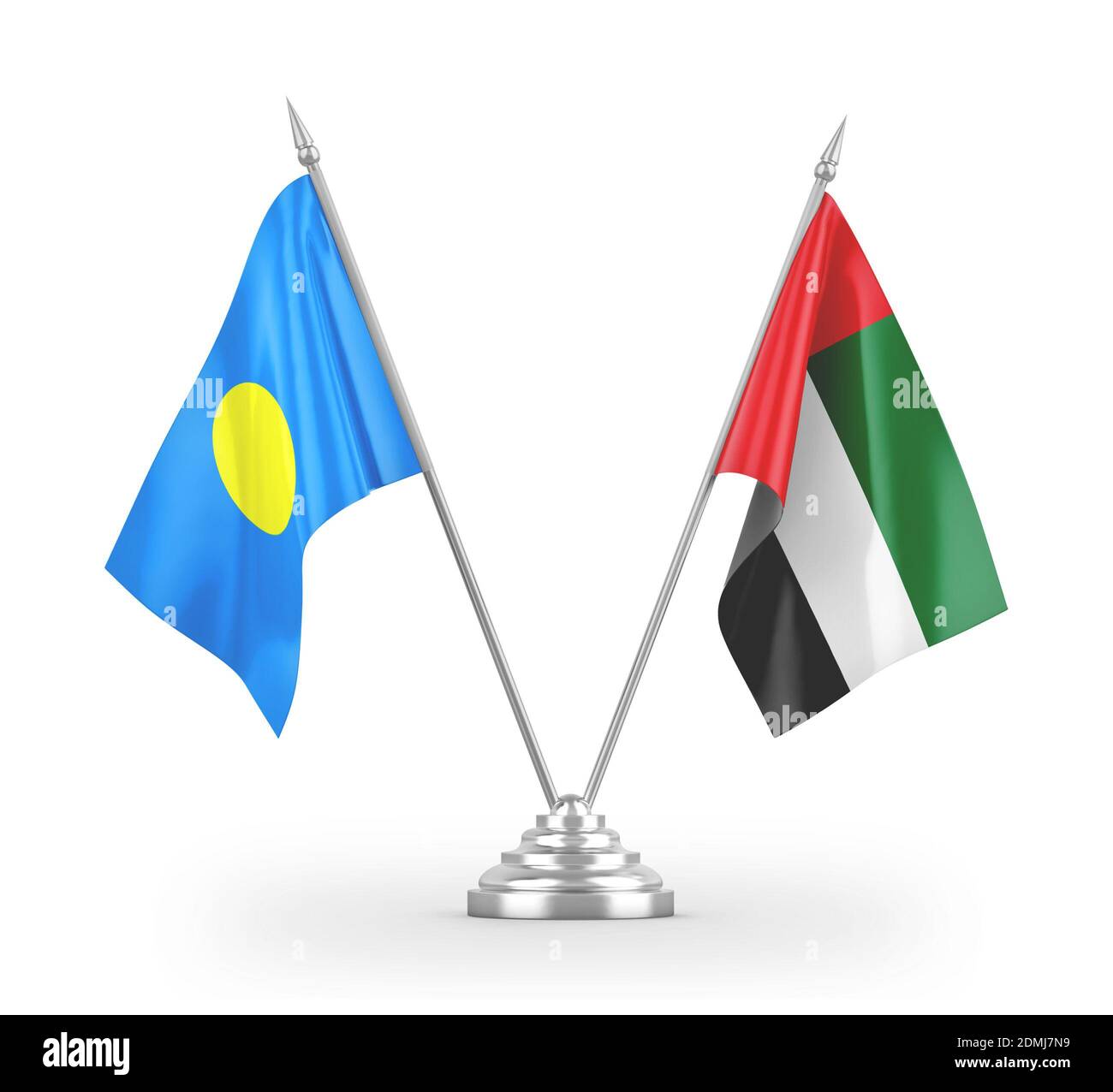 United Arab Emirates and Palau table flags isolated on white 3D ...