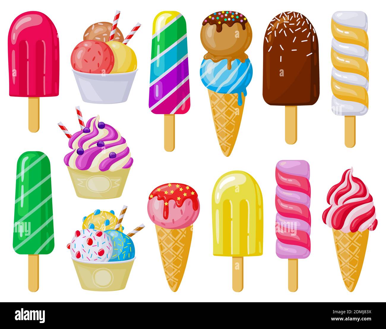 Cartoon ice cream. Delicious ice cream cones, lolly ice, fruit ice and ...
