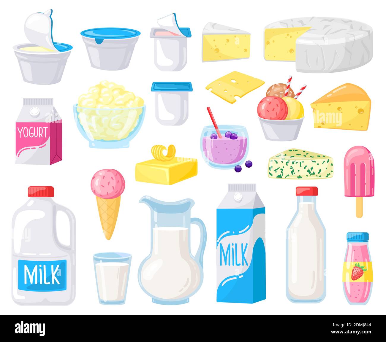 Dairy products. Cartoon milk, cheese, butter, sour cream, yogurt ...