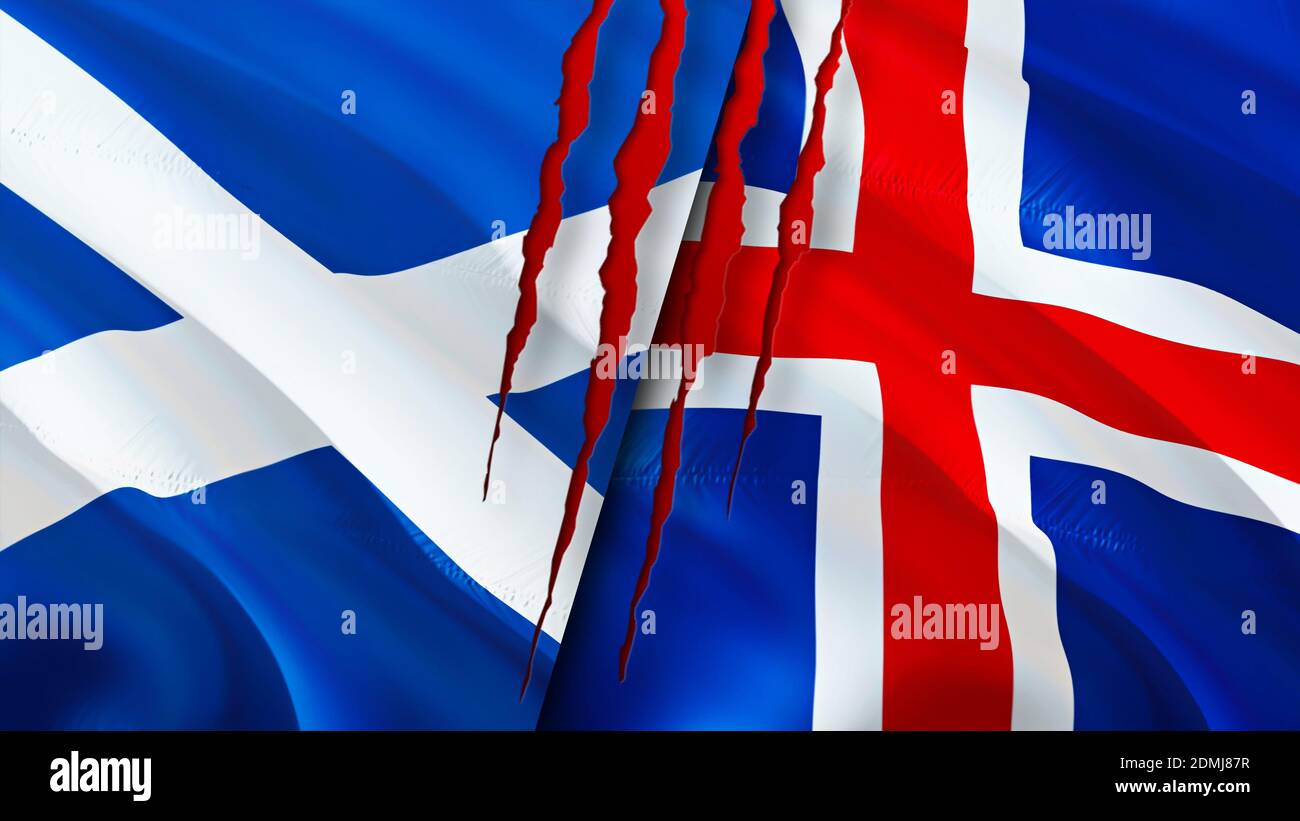 Scotland and Iceland flags with scar concept. Waving flag,3D rendering ...