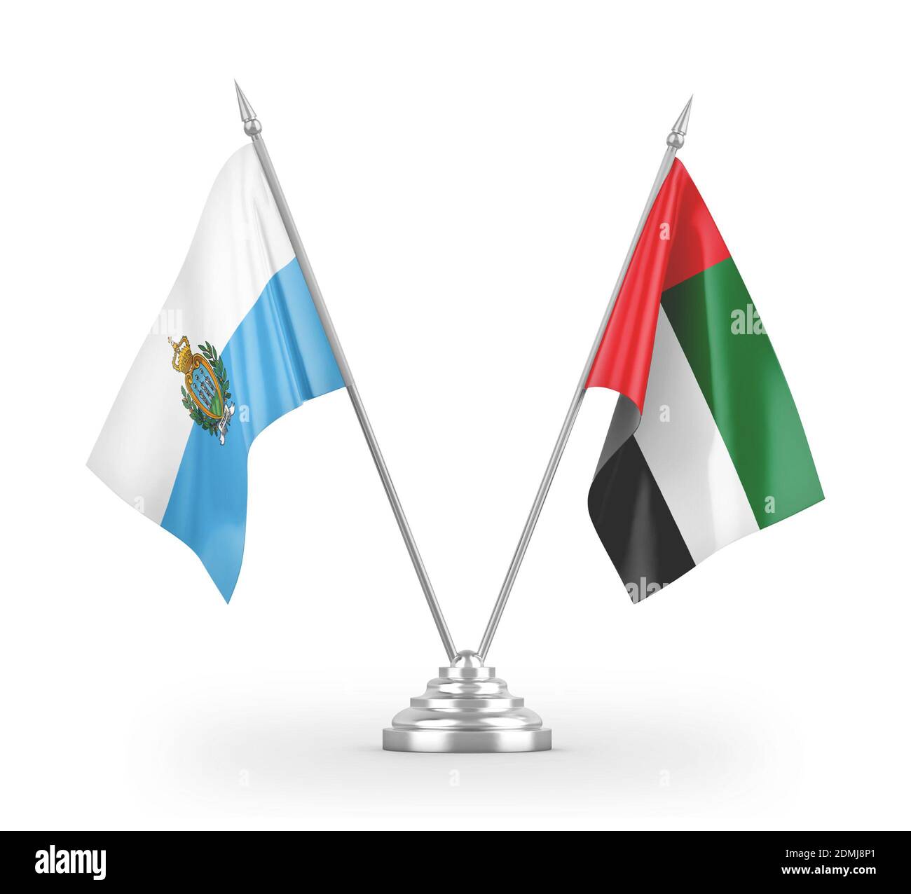 United Arab Emirates and San Marino table flags isolated on white 3D ...