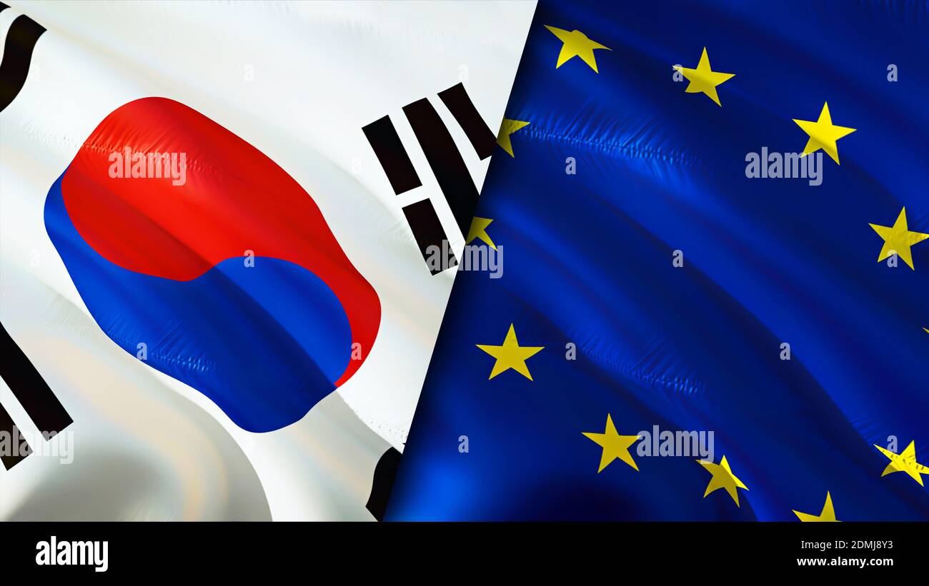 South Korea and European Union flags. 3D Waving flag design. South ...