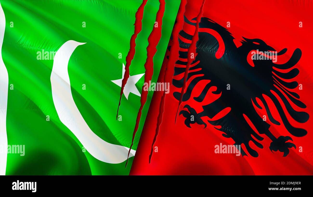 Pakistan and Albania flags with scar concept. Waving flag,3D rendering ...