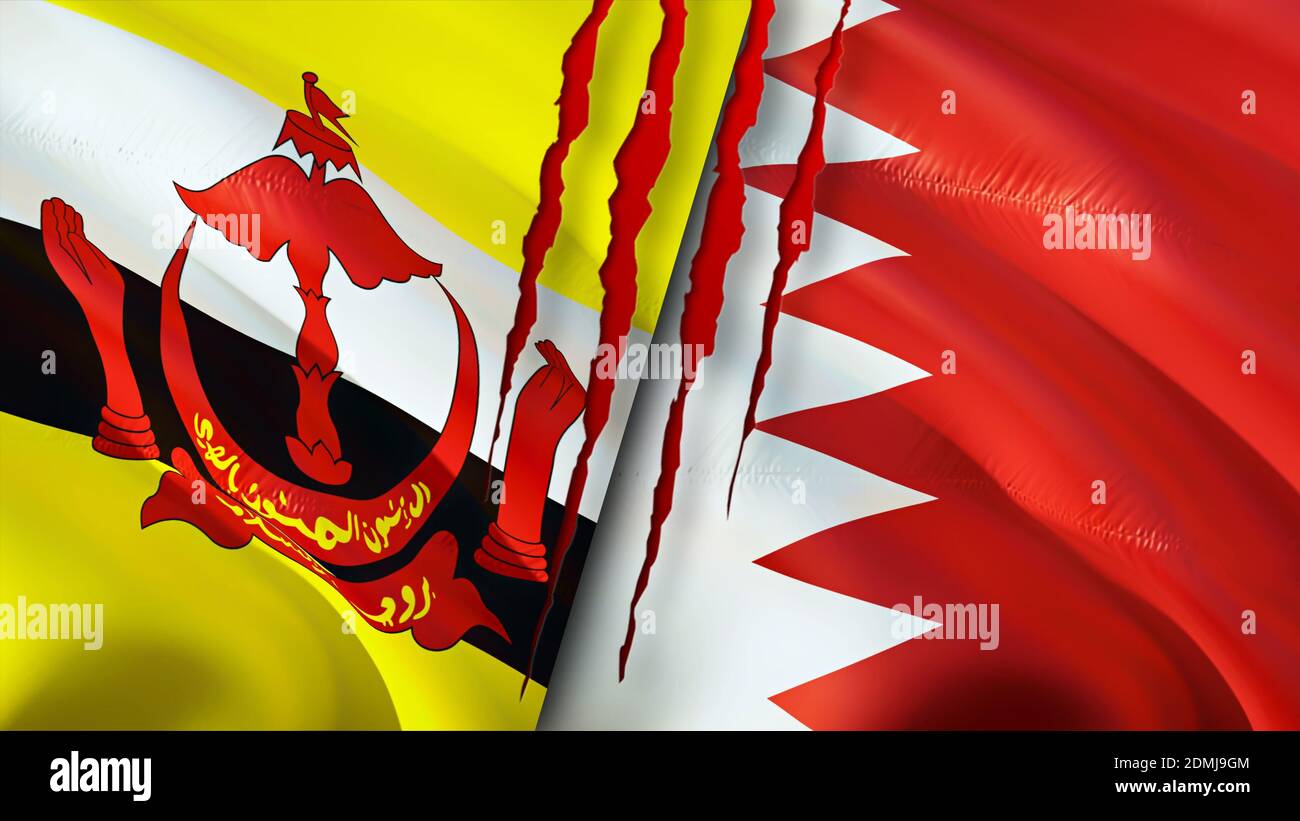 Brunei and Bahrain flags with scar concept. Waving flag,3D rendering ...