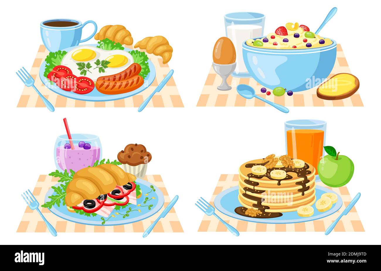 Cartoon breakfast. Healthy, delish breakfast menu, pancakes, croissant ...