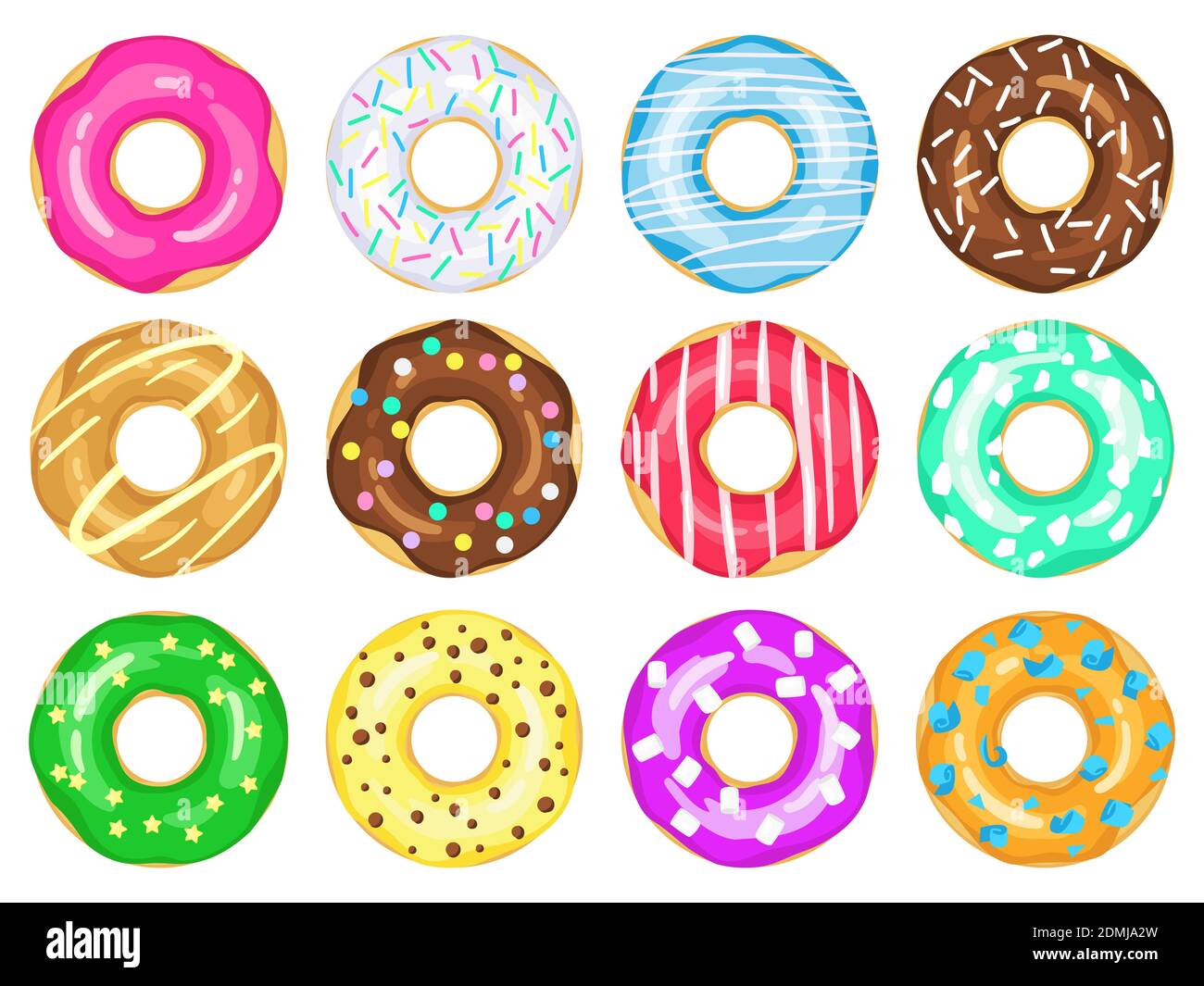 Cartoon donuts. Sweet glaze and sprinkle donuts, chocolate donut with ...