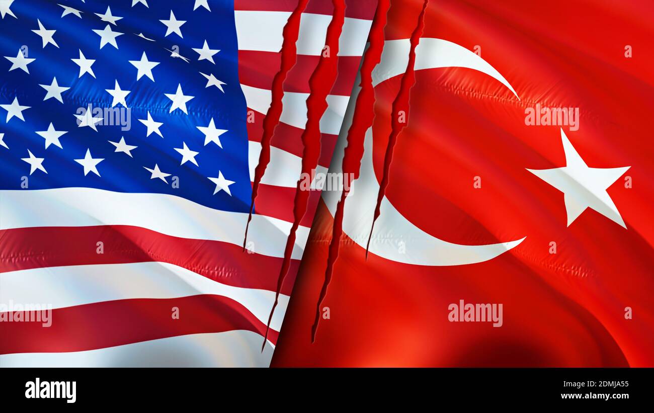 USA and Turkey flags with scar concept. Waving flag,3D rendering. USA ...