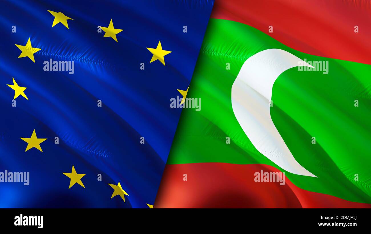 European Union and Maldives flags. 3D Waving flag design. European ...