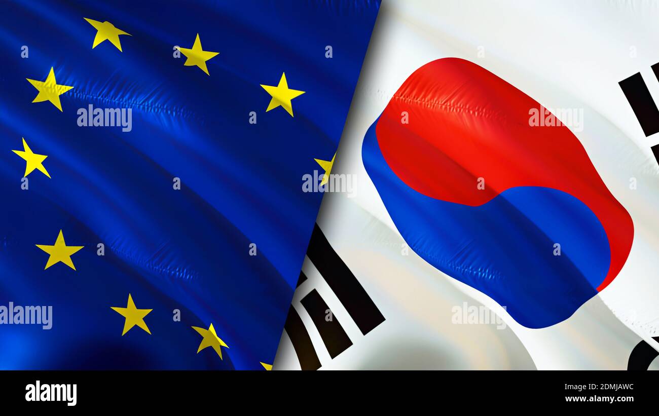 European Union and South Korea flags. 3D Waving flag design. European ...
