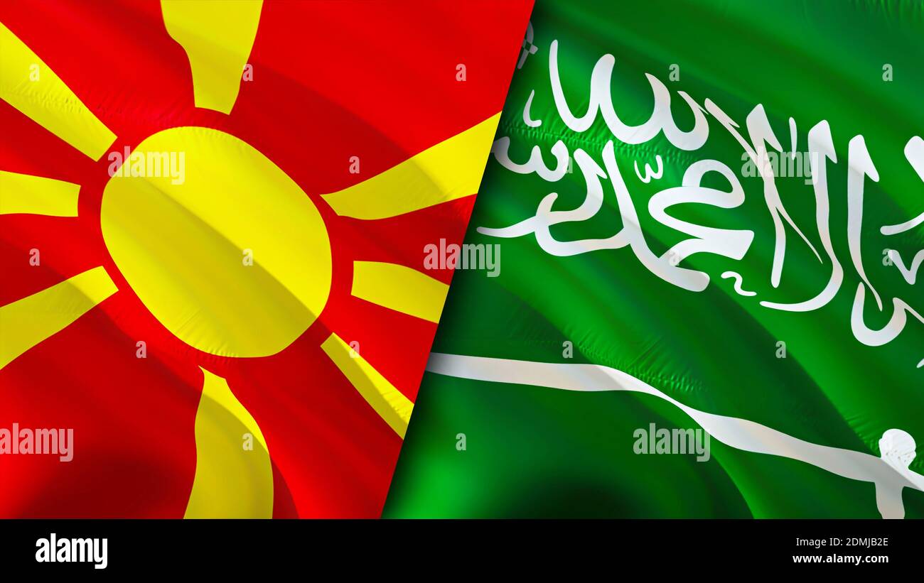 North Macedonia and Saudi Arabia flags. 3D Waving flag design. North ...