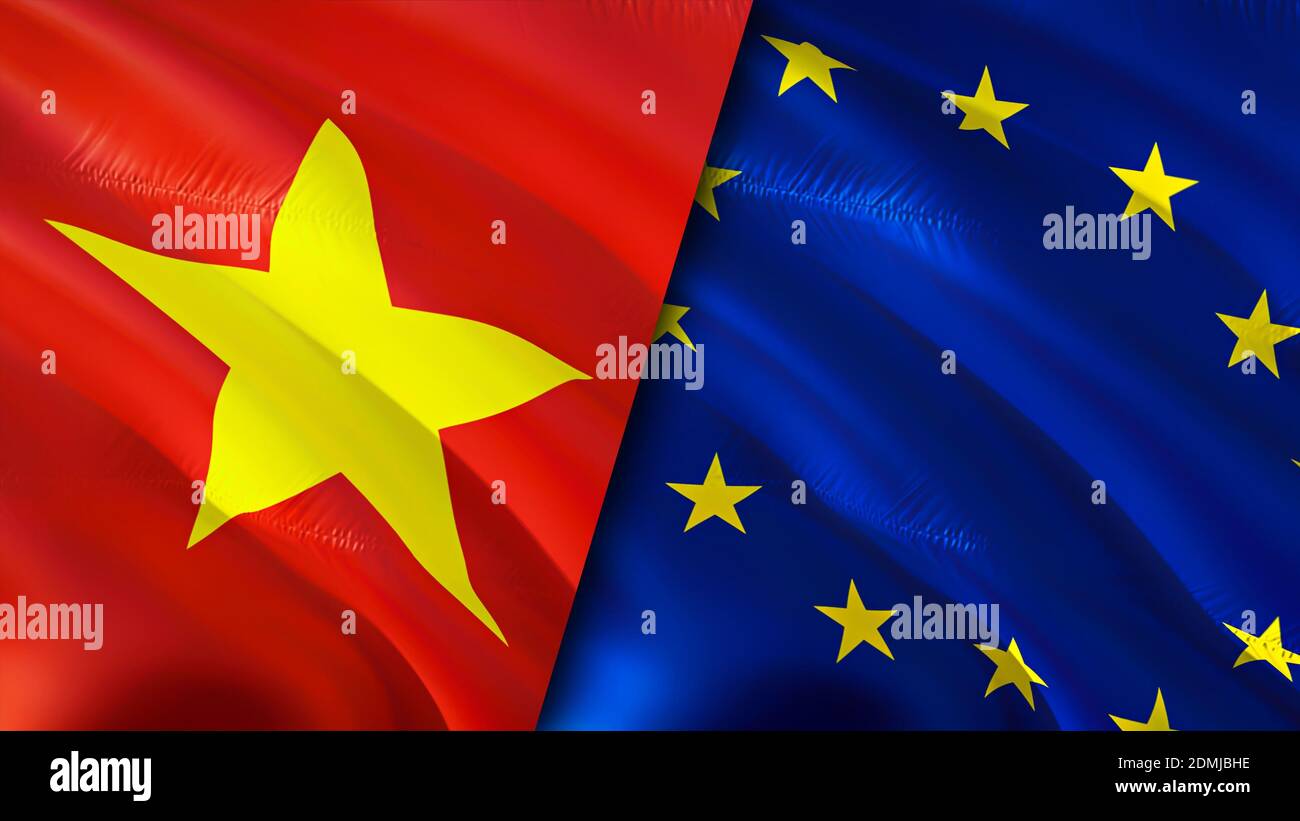 Vietnam and European Union flags with scar concept. Waving flag,3D rendering. Vietnam and ...