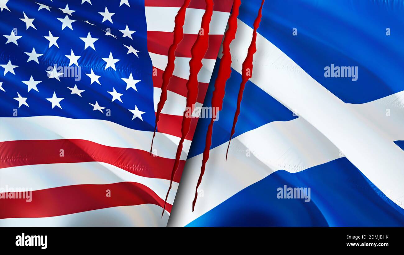 USA and Scotland flags with scar concept. Waving flag,3D rendering. USA ...
