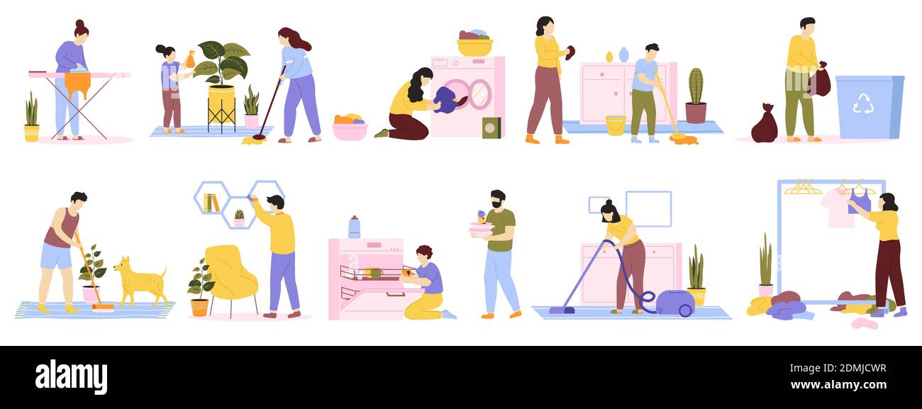 Householder cleaners. Family cleaning house, daily home routines ...
