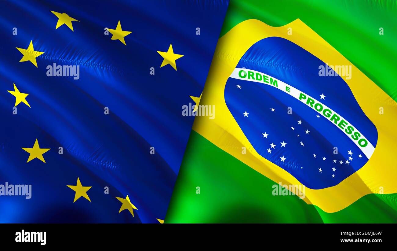 European Union and Brazil flags. 3D Waving flag design. European Union ...