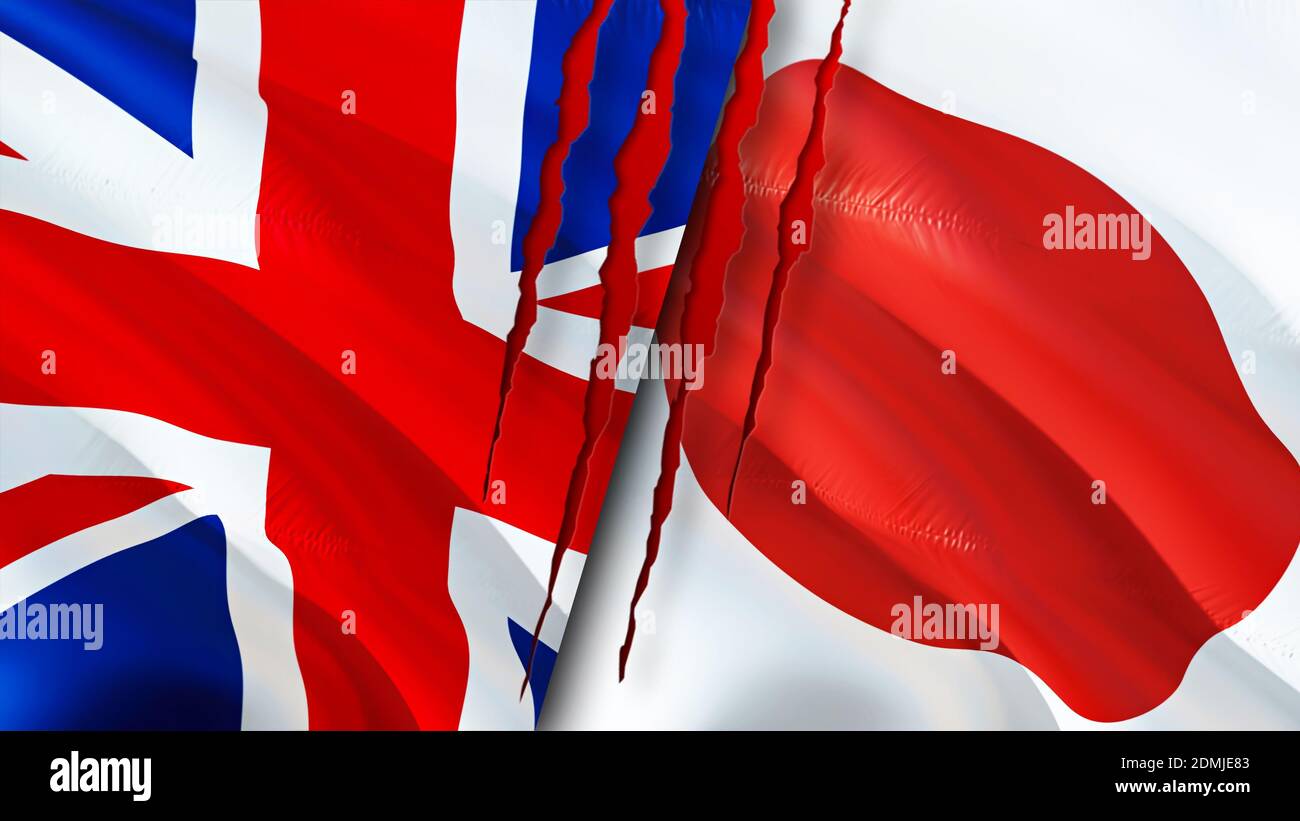 United Kingdom and Japan flags with scar concept. Waving flag,3D ...
