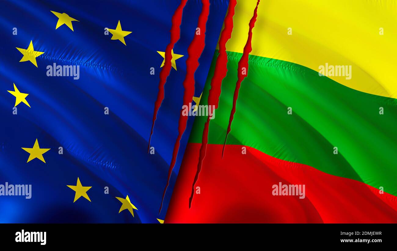 European Union and Lithuania flags with scar concept. Waving flag,3D ...