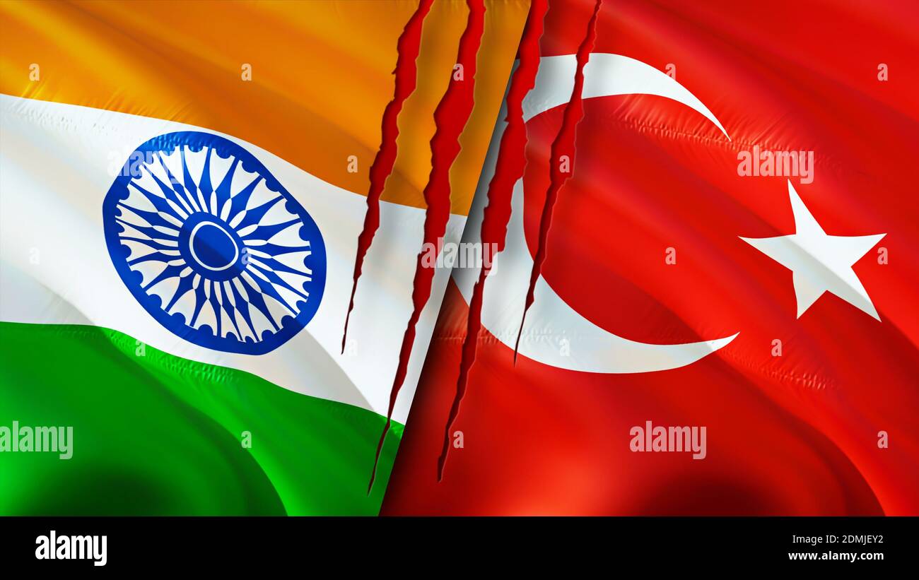 India and Turkey flags with scar concept. Waving flag,3D rendering ...