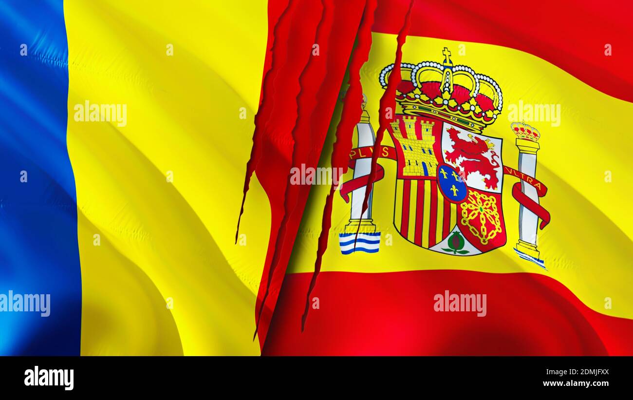Romania and Spain flags with scar concept. Waving flag,3D rendering ...