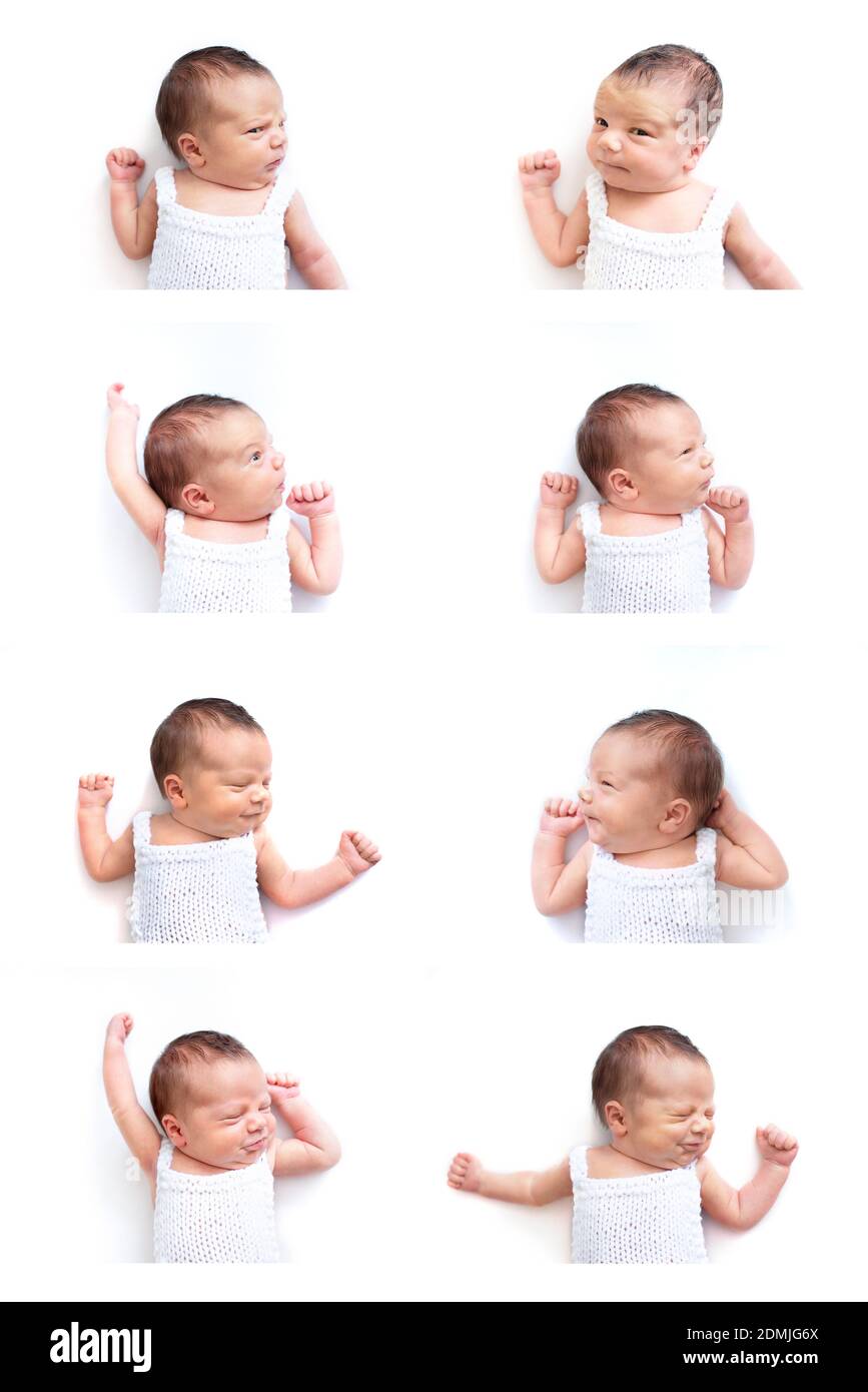 Newborn baby emotions, white background. Funny face of a child ...