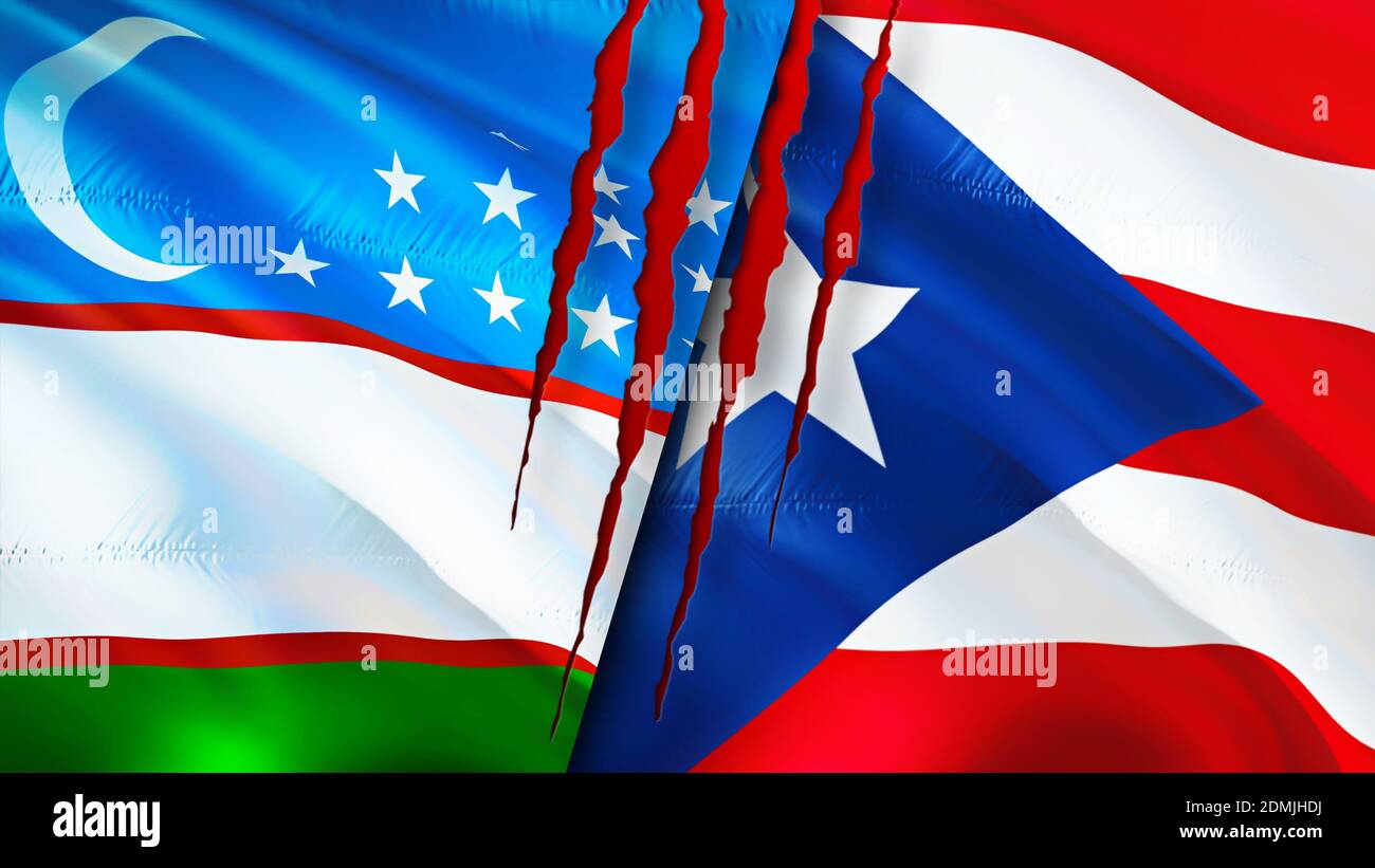 Uzbekistan and Puerto Rico flags with scar concept. Waving flag,3D ...