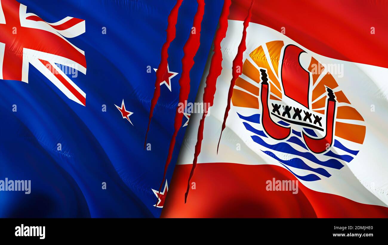 New Zealand and French Polynesia flags with scar concept. Waving flag ...