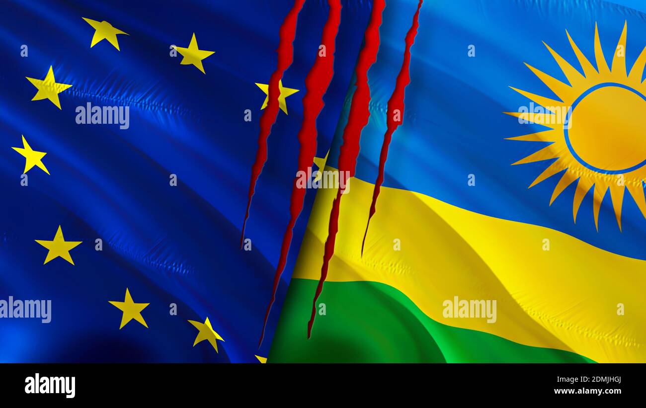 European Union and Rwanda flags with scar concept. Waving flag,3D ...