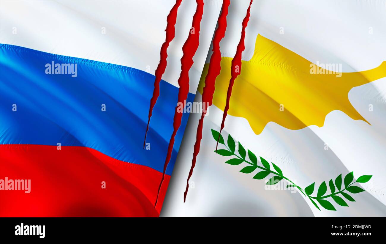 Russia and Cyprus flags with scar concept. Waving flag,3D rendering ...