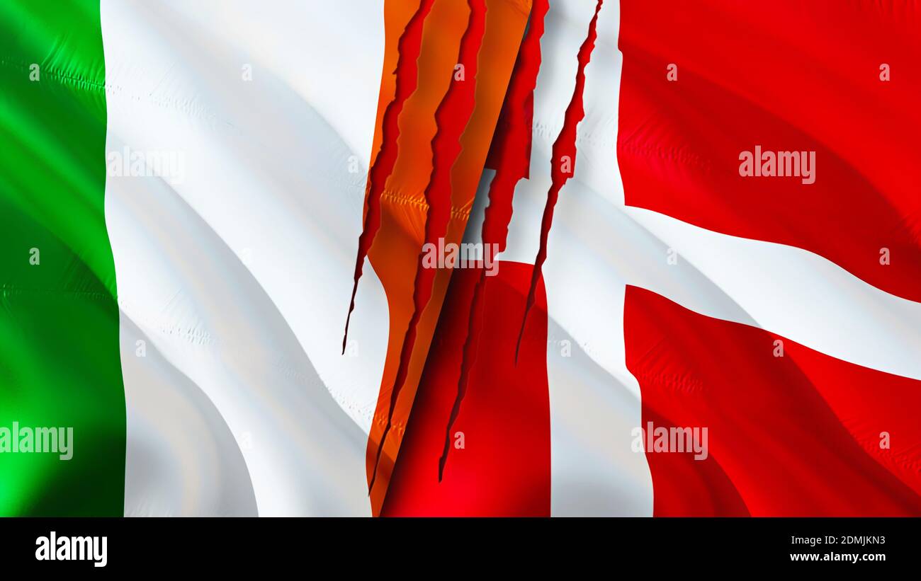 Ireland and Danish flags with scar concept. Waving flag 3D rendering ...