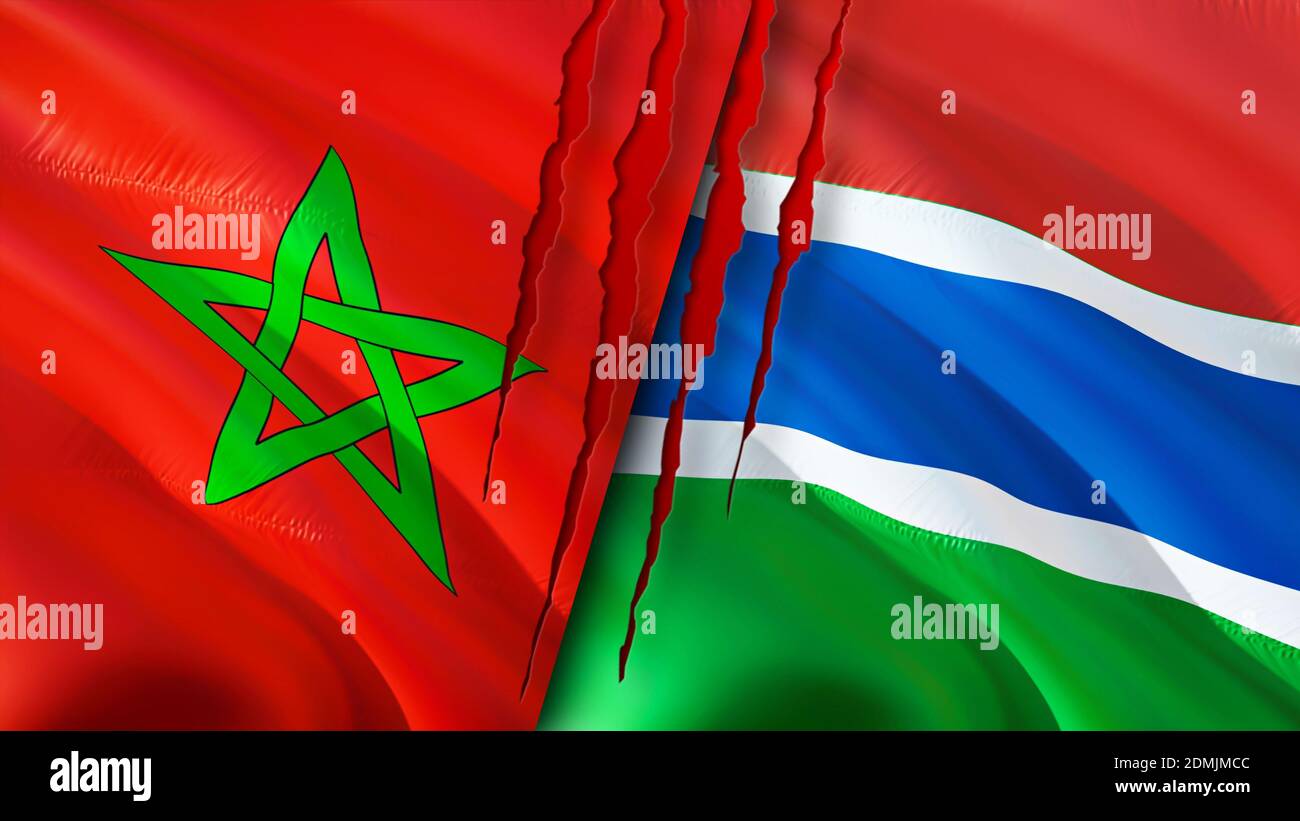 Morocco and Gambia flags with scar concept. Waving flag,3D rendering ...