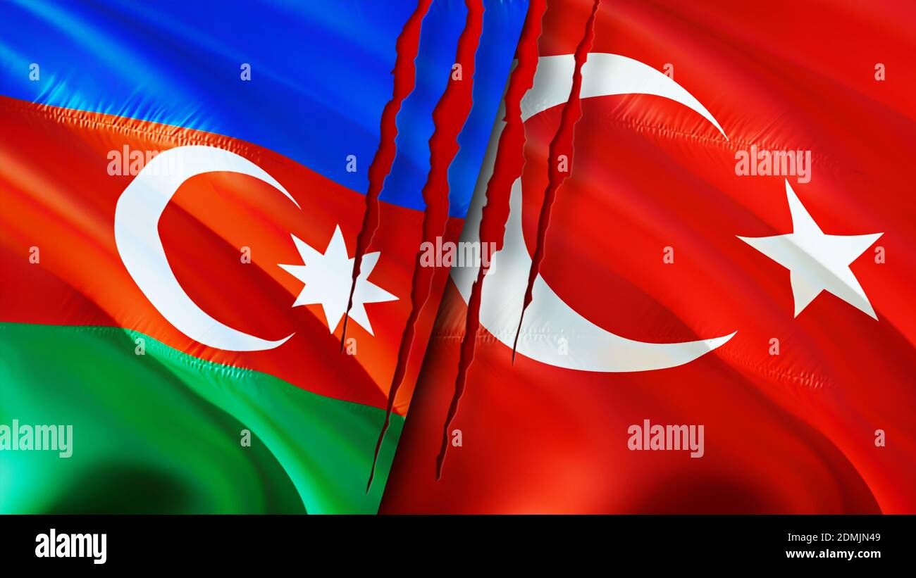 Azerbaijan and Turkey flags with scar concept. Waving flag,3D rendering ...