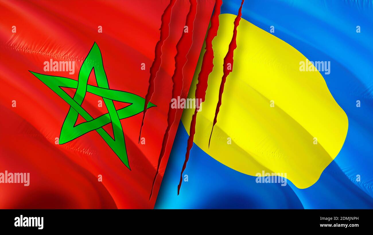 Morocco and Palau flags with scar concept. Waving flag,3D rendering ...
