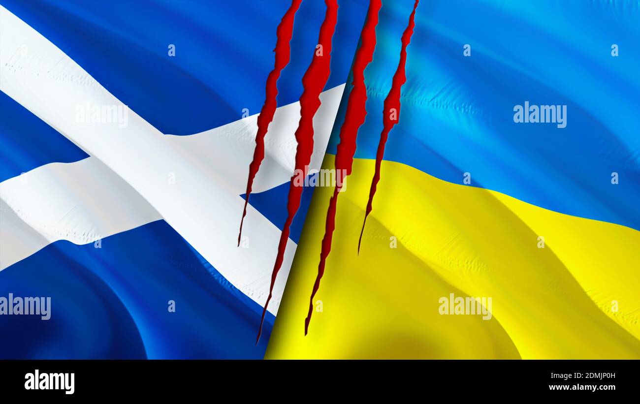 Scotland and Ukraine flags with scar concept. Waving flag,3D rendering ...