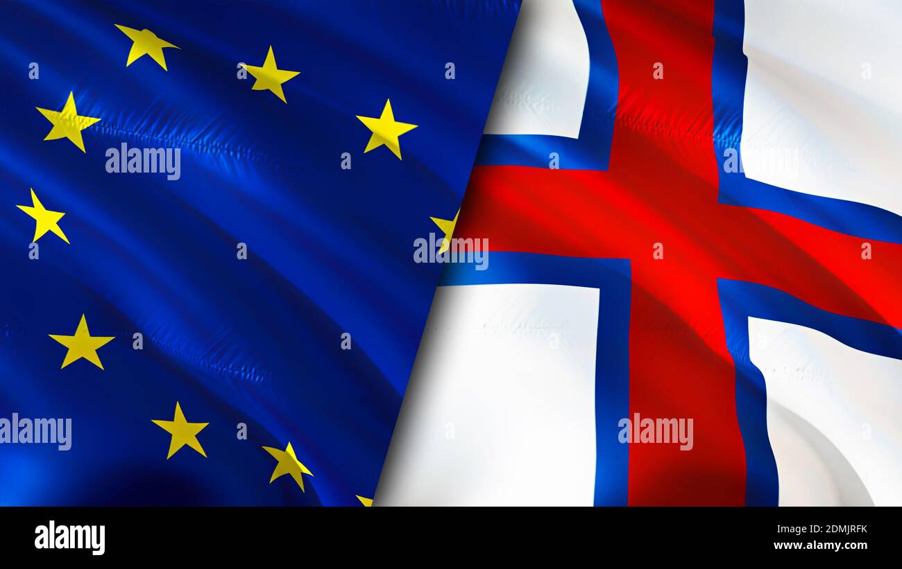 European Union and Faroe Islands flags. 3D Waving flag design. European ...