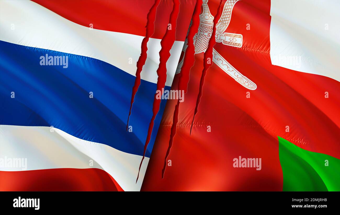 Thailand and Oman flags with scar concept. Waving flag,3D rendering ...