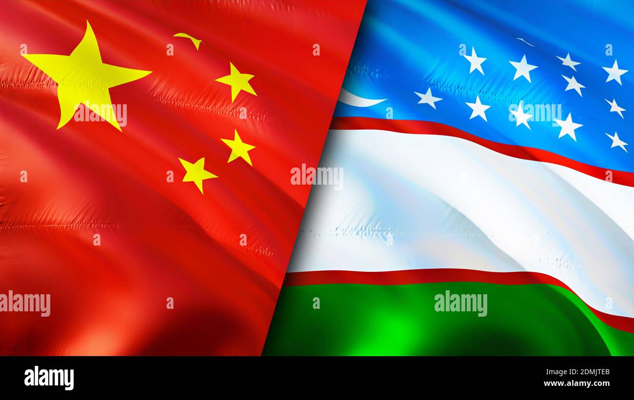 China and Uzbekistan flags. 3D Waving flag design. China Uzbekistan ...