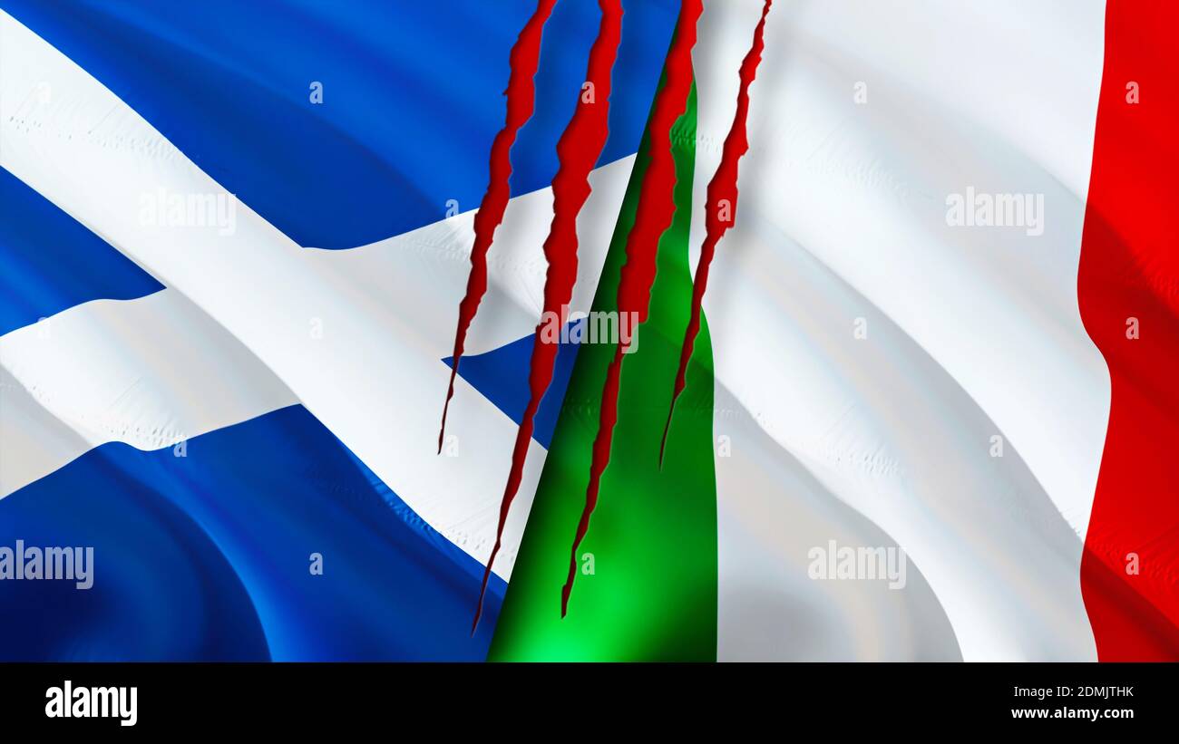 Scotland and Italy flags with scar concept. Waving flag,3D rendering ...