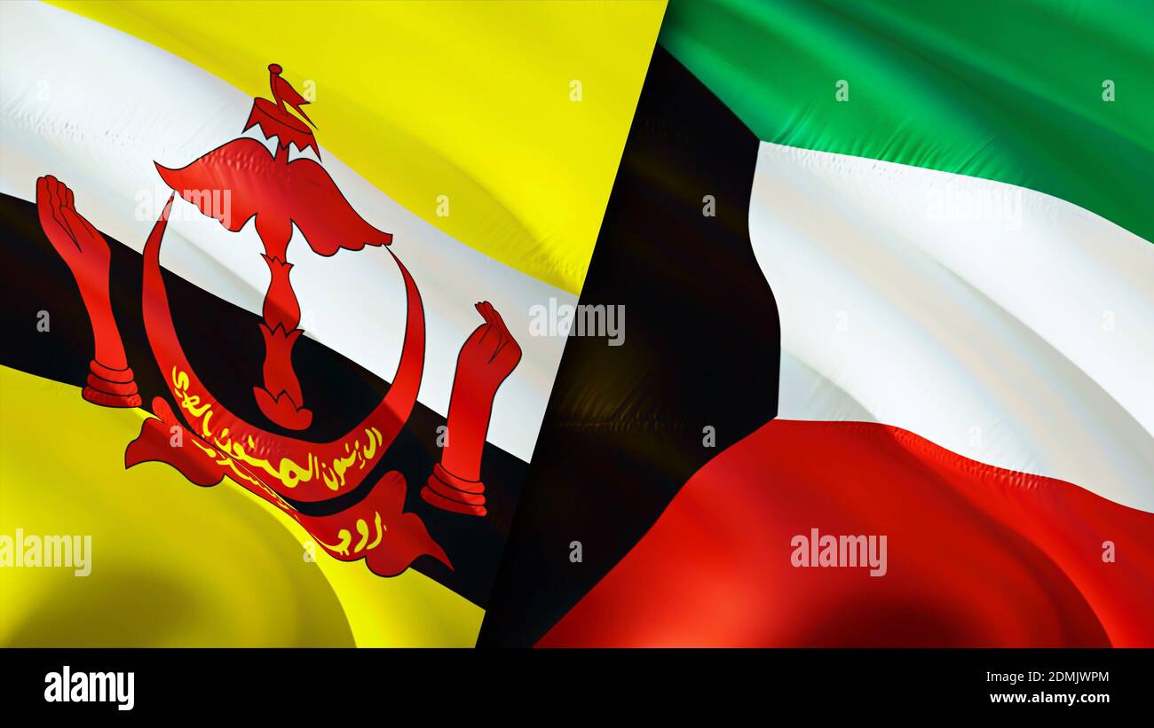 Brunei and Kuwait flags. 3D Waving flag design. Brunei Kuwait flag ...