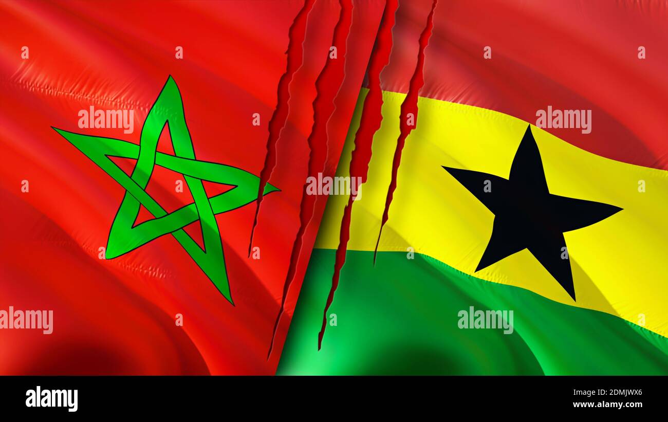 Morocco and Ghana flags with scar concept. Waving flag,3D rendering ...