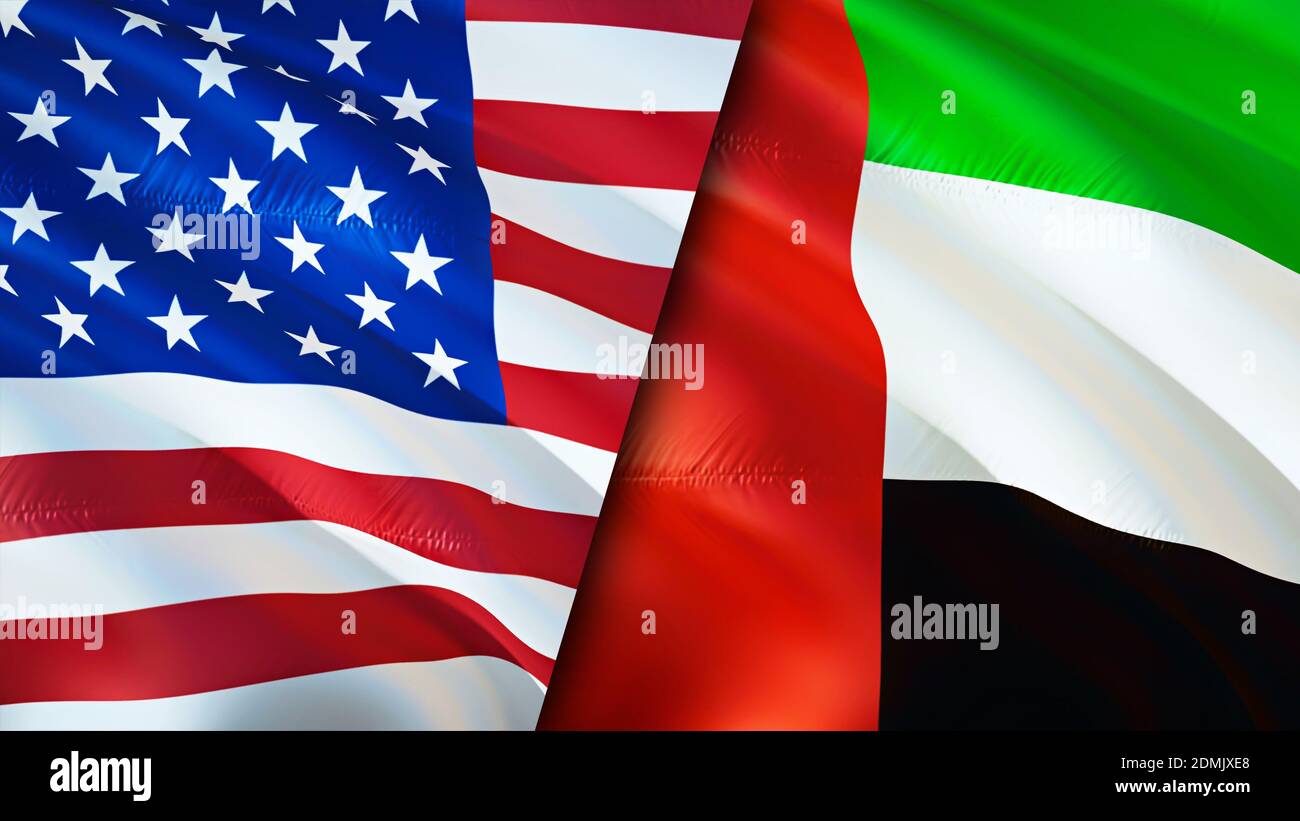 USA and United Arab Emirates flags. 3D Waving flag design. USA United ...