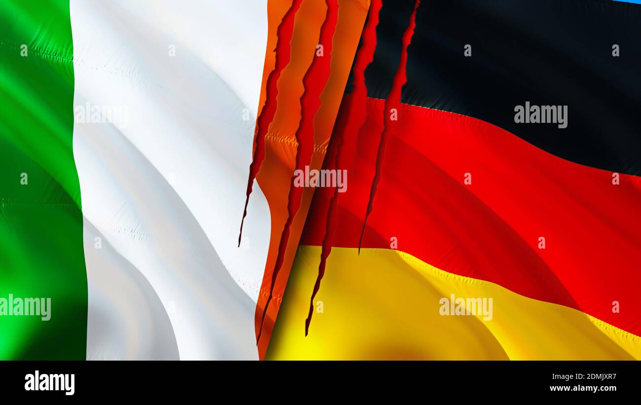 Ireland and Germany flags with scar concept. Waving flag 3D rendering ...