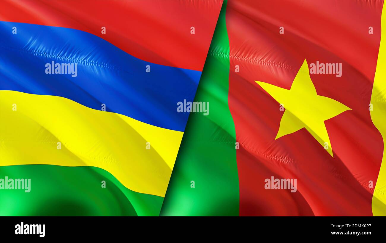 Mauritius and Cameroon flags. 3D Waving flag design. Mauritius Cameroon ...