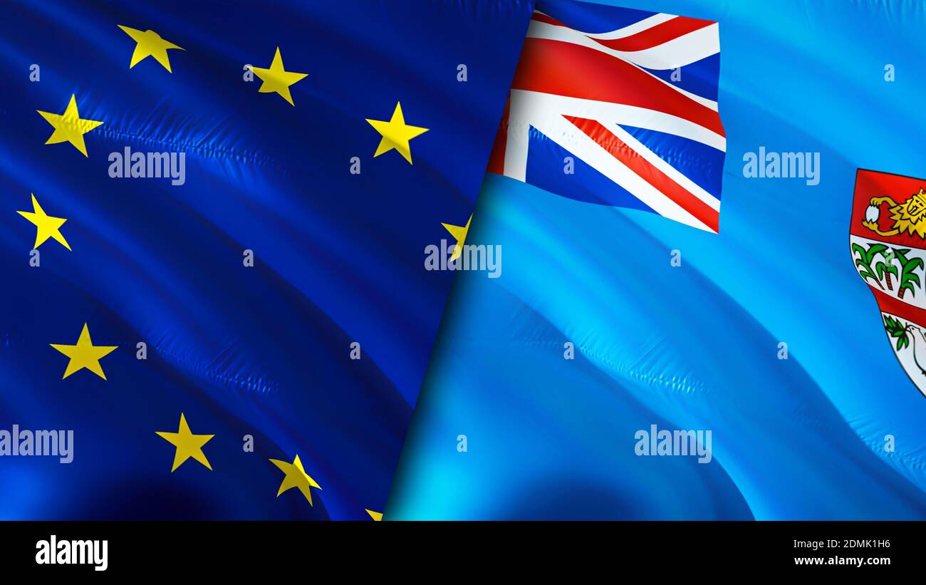 European Union and Fiji flags. 3D Waving flag design. European Union ...
