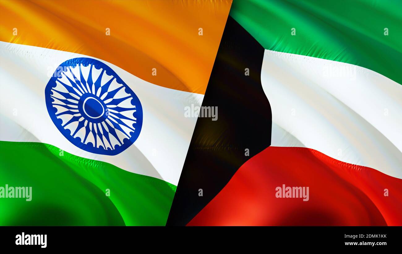 India and Kuwait flags. 3D Waving flag design. India Kuwait flag ...