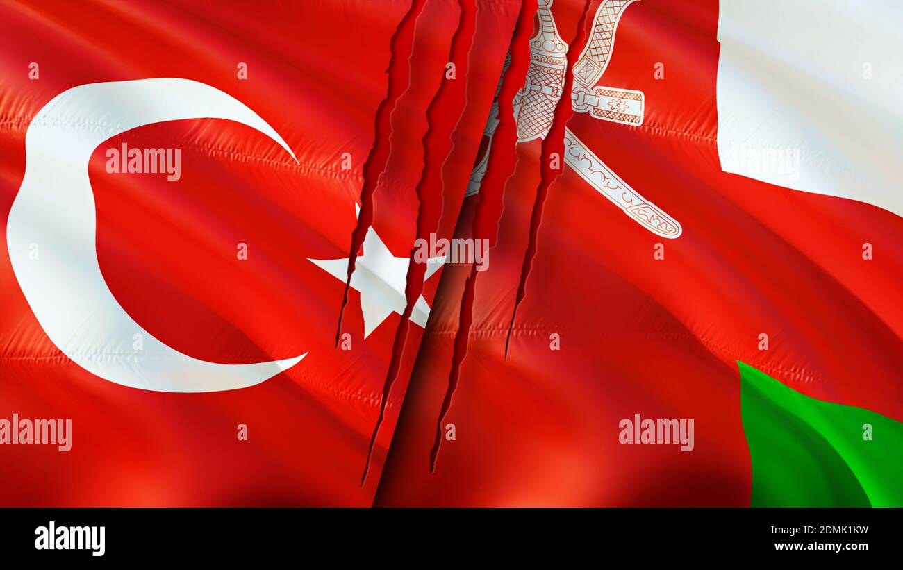 Turkey and Oman flags with scar concept. Waving flag,3D rendering ...