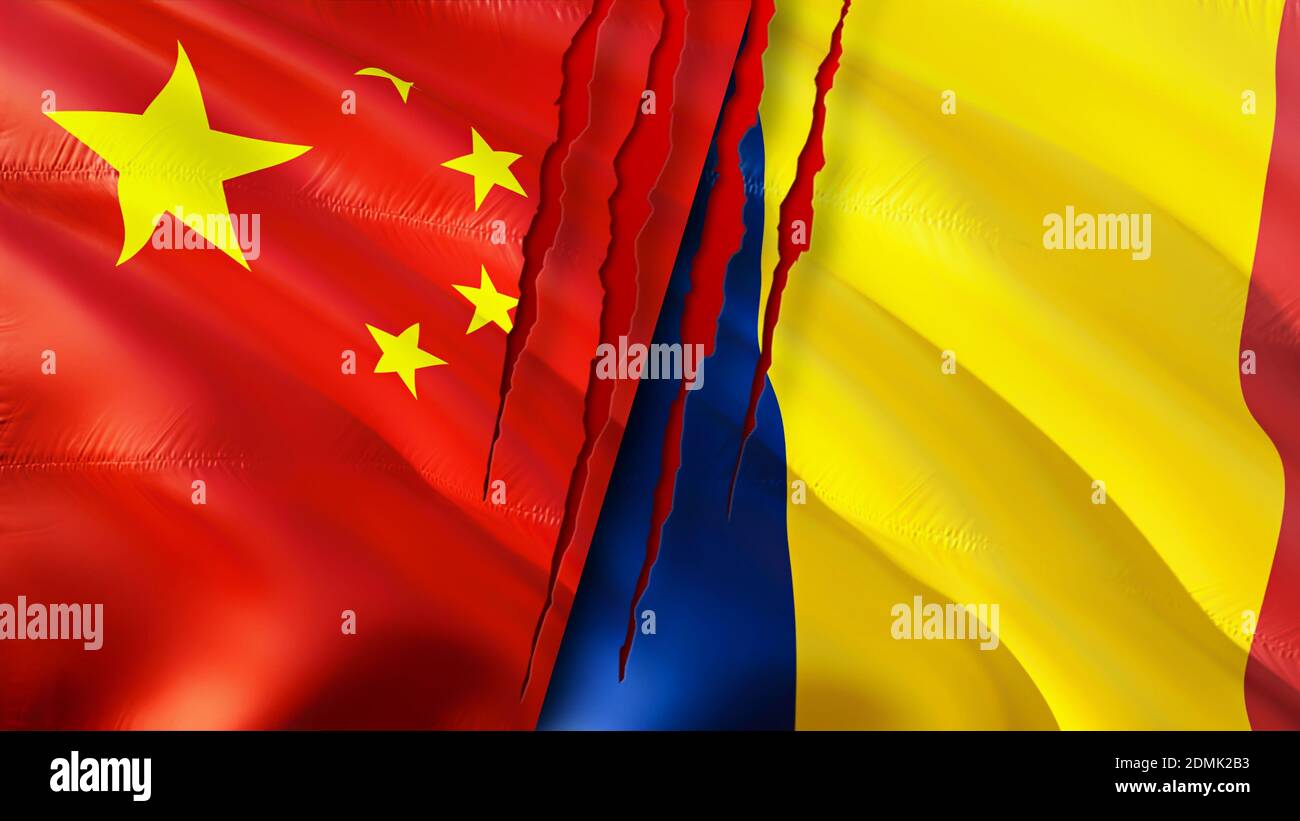 China and Chad flags with scar concept. Waving flag,3D rendering. China ...