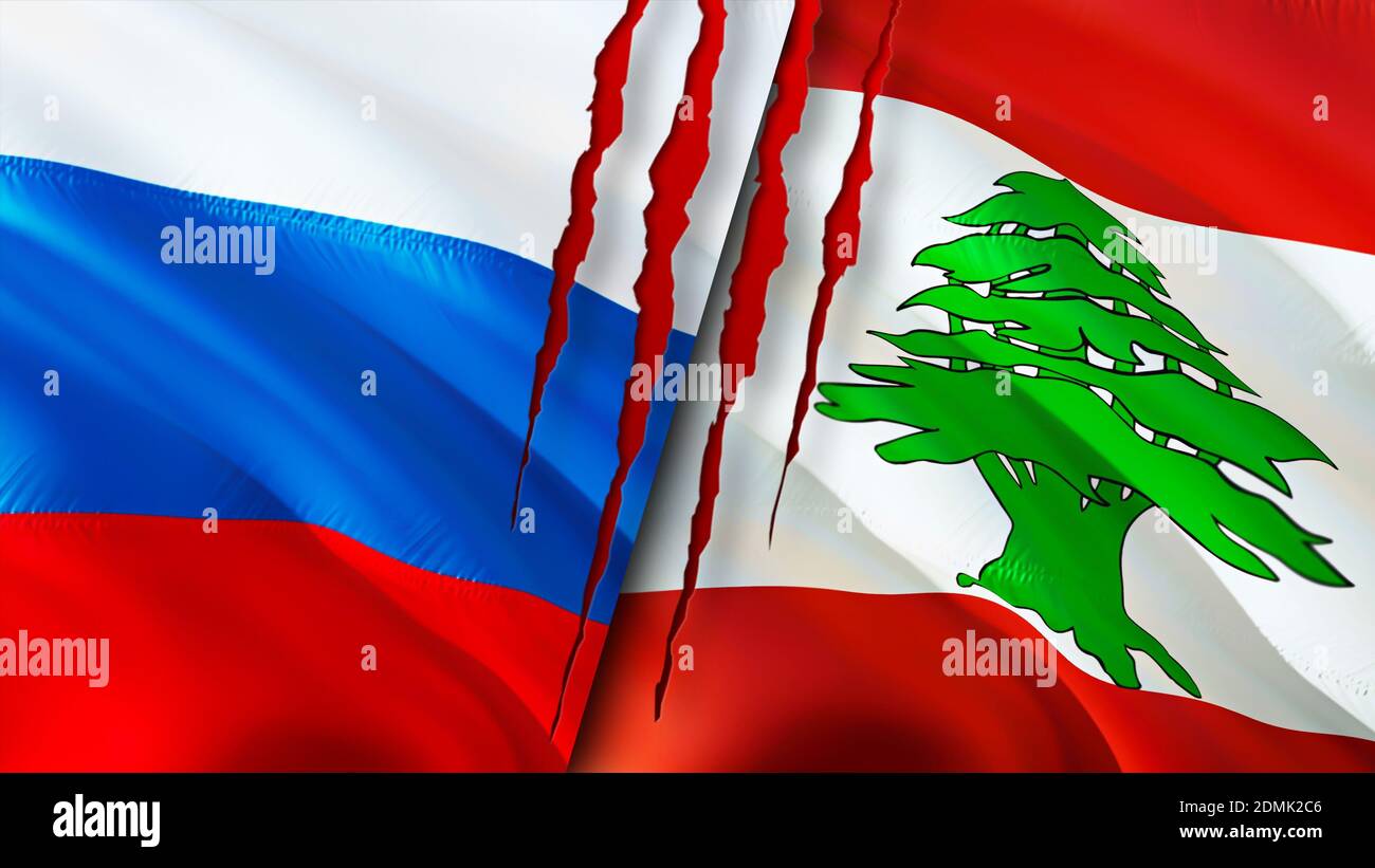 Russia and Lebanon flags with scar concept. Waving flag,3D rendering ...