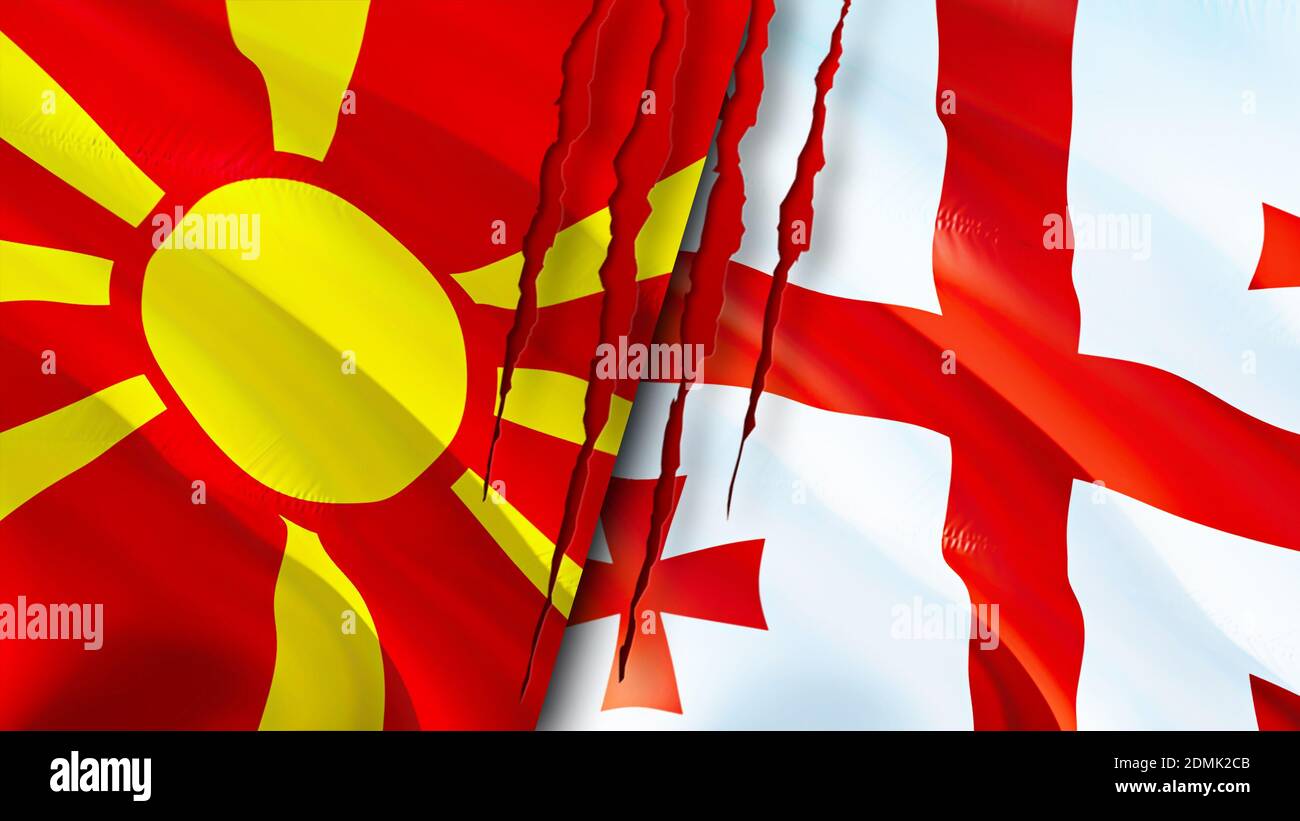 North Macedonia and Georgia flags with scar concept. Waving flag,3D ...