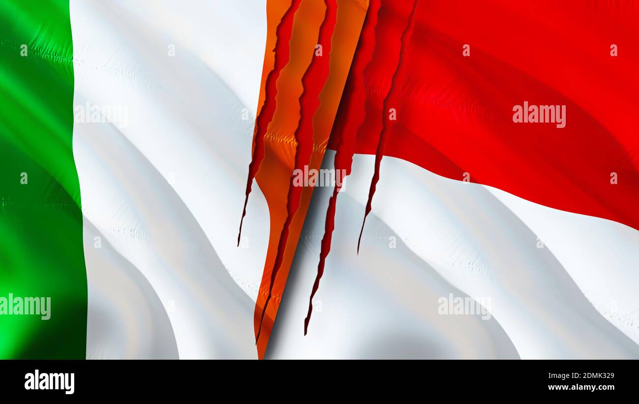 Ireland and Monaco flags with scar concept. Waving flag 3D rendering ...