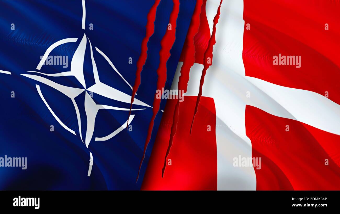 NATO and Denmark flags with scar concept. Waving flag,3D rendering ...